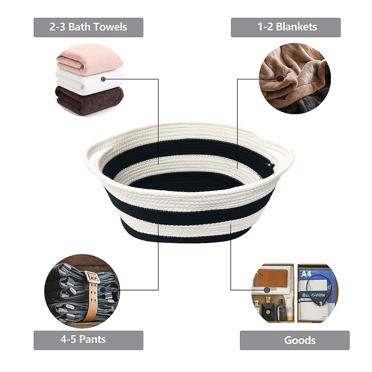 DSJ 14” x 10” x 7" Small Cotton Rope Basket with Handles,Cotton Woven Rope Storage Bins for Storing Cute Dog Cat Toys, Laundry Bedroom and Bathroom Clothes,Towels. (Black and White)