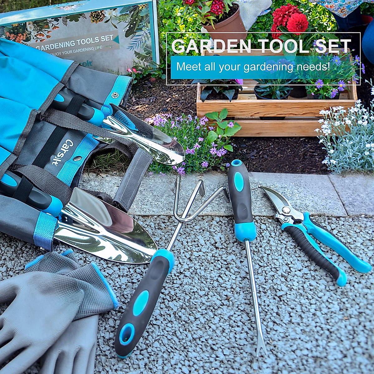Gardening Tools, Carsolt 10 Piece Heavy Duty Stainless Steel Garden Tools Set with Ergonomic Rubber Handle. Variety of Gardening Hand Tools for Planting Gardening Kit with Gift Box Ideal Garden Gifts