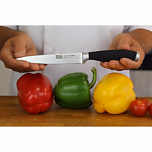 Taylors Eye Witness Syracuse All Purpose Kitchen Knife - Professional 13cm/5” Cutting Edge, Multi Use. Ultra Fine Blade, Precision Ground Razor Sharp. Soft Textured Grip Matte Black Handle.