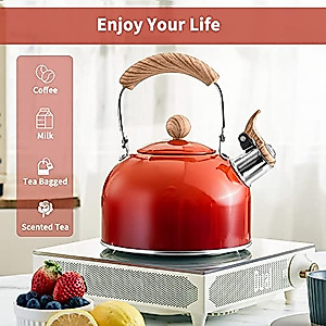 ROCKURWOK Whistling Tea Kettle, 2.5 QT / 80 OZ, Gradient Red Teapot, Universal Base for Induction | Gas | Electric | Halogen | Radiant, Cool Toch Foldable Handle, Vintage