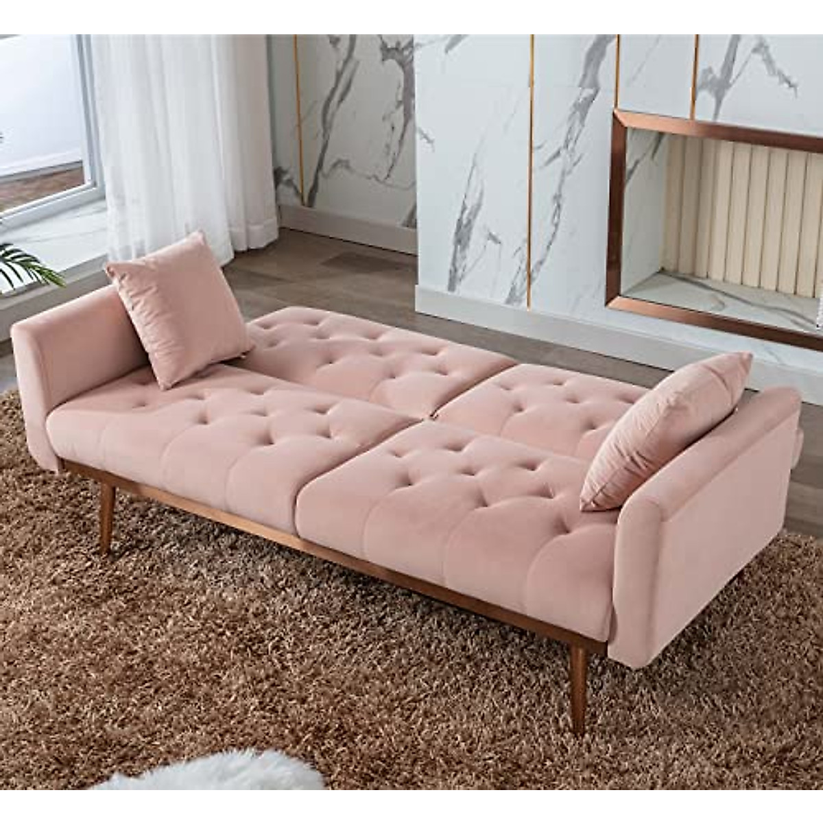 HBHM Velvet Accent Sofa, Loveseat Mid Century Modern Velvet Fabric Couch, Convertible Futon Sofa Bed, Recliner Couch Accent Sofa Loveseat Sofa with Gold Metal Feet,Pink