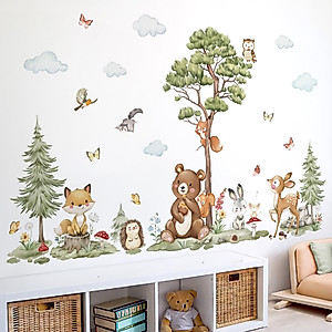wondever Woodland Animals Wall Stickers Large Pine Tree Forest Bear Deer Fox Peel and Stick Wall Art Decals for Baby Nursery Kids Bedroom Playroom