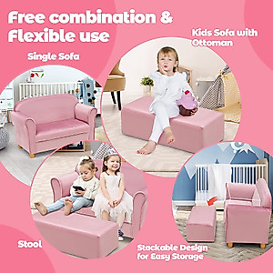 INFANS Kids Sofa with Ottoman, 2 Seat Toddler Upholstered Couch, Children Armrest Chair Lounge for Nursery Kindergarten Kids Room Boys Girls, Sturdy Wood Construction Velvet Surface (Pink, 2 Seats)