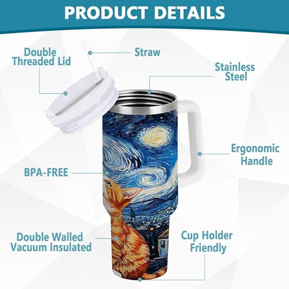 RPLIFE Cute Orange Cat Starry Night 40 Oz Tumbler with Handle, Stainless Steel Bottle, Insulated Water Bottle with Straw