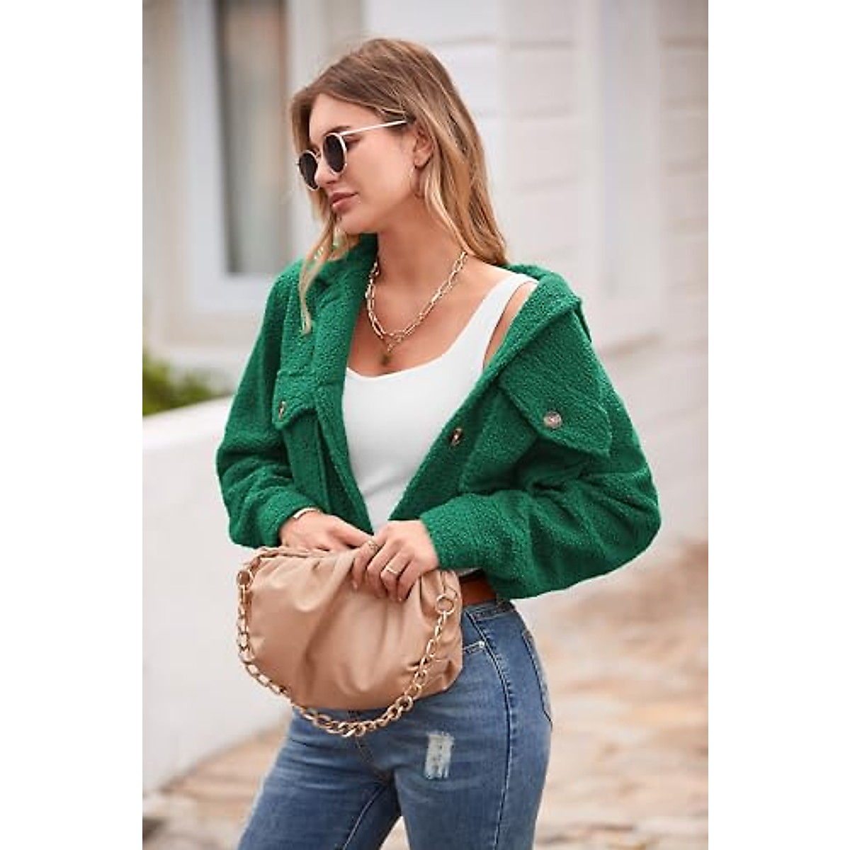 PRETTYGARDEN Womens Fall Clothes Sherpa Shacket Jacket Fuzzy Lapel Button Down Cropped Coat Winter Outerwear (Green,Large)