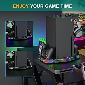 Wiilkac Vertical Cooling Fan Stand and Dual Controller Charging Station for Xbox Series X with RGB Color Lights/USB Ports, 3-Level Fan Cooling System with 2 x 1400 mAh Rechargeable Battery