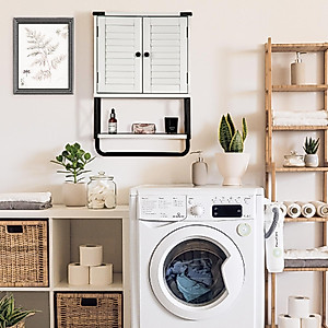 HOKYHOKY Bathroom Medicine Wall Cabinet, Bathroom Hanging Storage Cabinets with Louver Doors, Medicine Cabinet Organizer Wall Mounted with Towel Bar, White