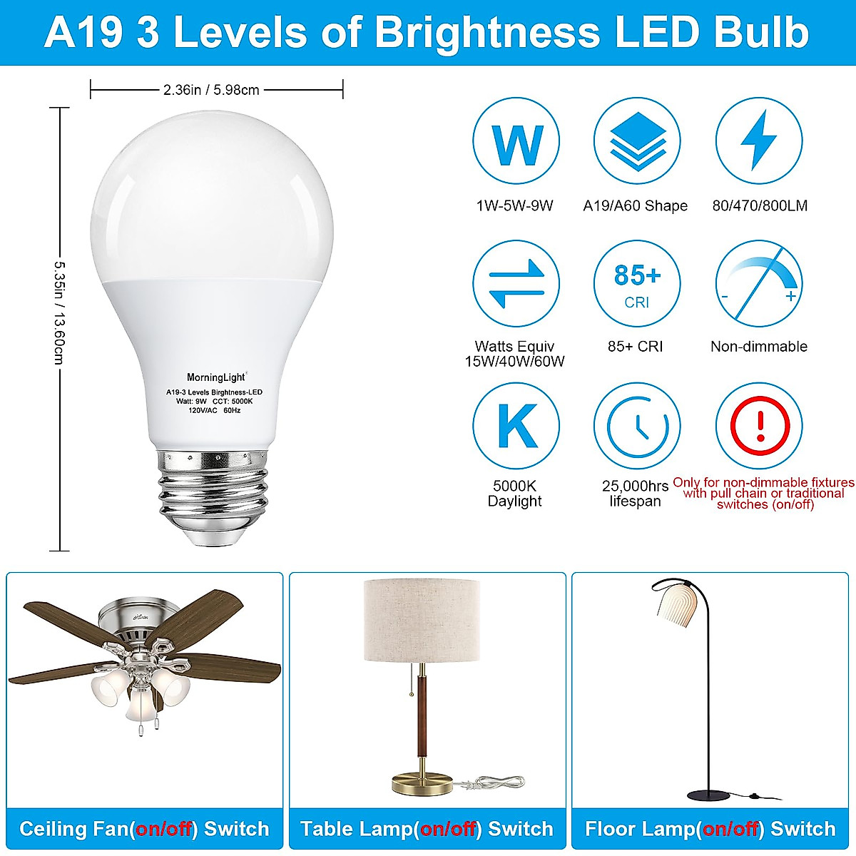 2024 NEW 3-Way LED Bulb for ON/OFF Old-Style Switch Fixtures (Not Compatible with Twist Switch), Daylight 5000K, A19 Three-Level Brightness Bulb for Pull Chain Lamps, 15/40/60W Equivalent, 4 Pack