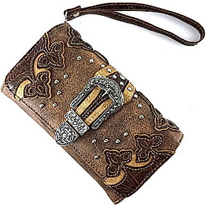 Justin West Gleaming Western Tooled Rhinestone Buckle Floral Embroidery Chain Shoulder Handbag Purse Concealed Carry (Brown handbag and wallet)