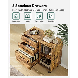 FEZIBO 3-Drawer Mobile File Cabinet, Lateral Filing Cabinet with Lock, Printer Stand with Open Storage Shelves for Home Office, Rustic Brown