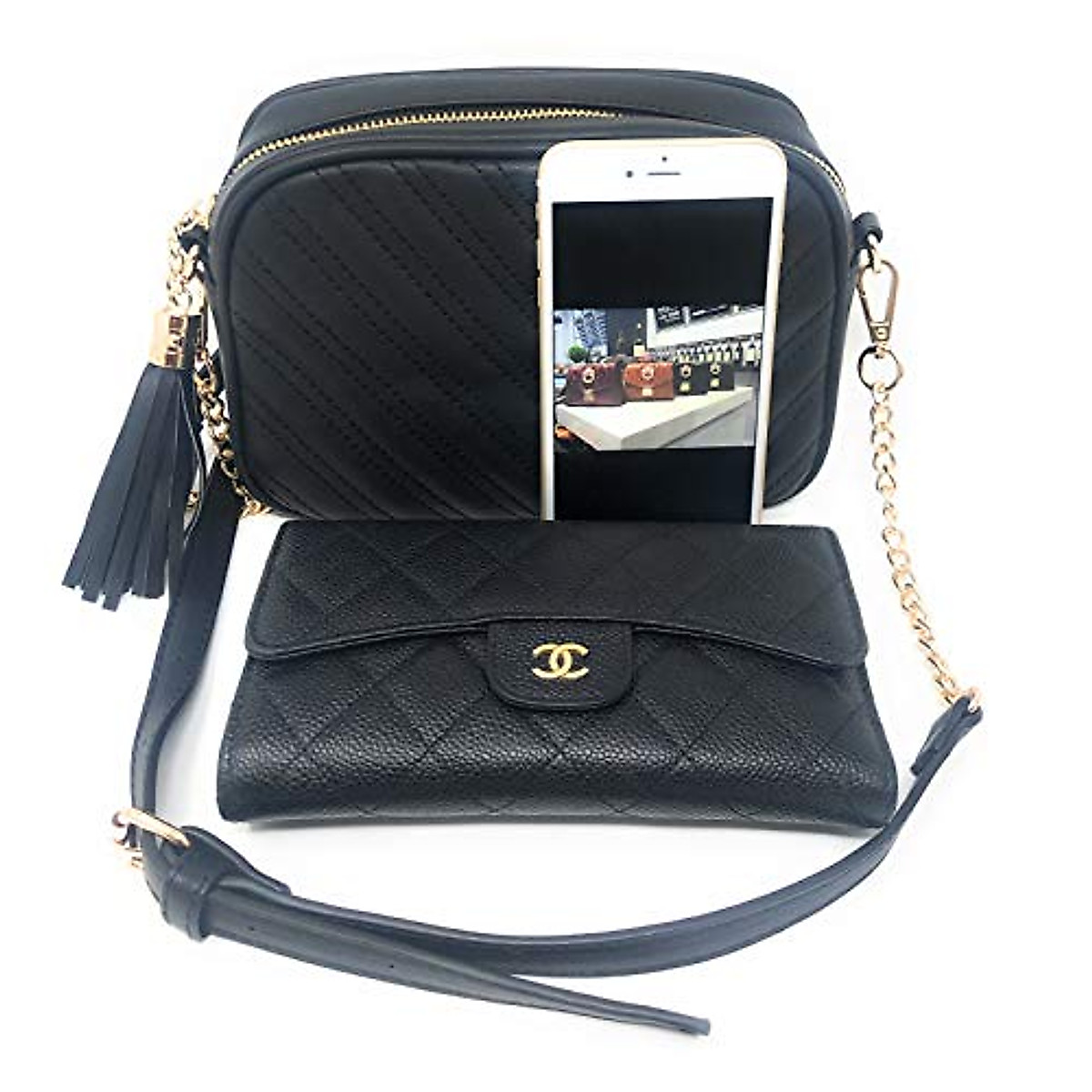 lola mae Quilted Crossbody Bag, Trendy Design Shoulder Purse (Black)