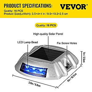 VEVOR Driveway Lights 16-Pack, Solar Driveway Lights with Switch Button, Solar Deck Lights Waterproof, Wireless Dock Lights 6 LEDs for Path Warning Garden Walkway Sidewalk Steps, LED Bright Blue