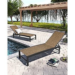 Pellebant Outdoor Lounge Chairs Set of 2, Patio Aluminum Chaise Lounge with Adjustable Backrest, Rustproof Pool Lounge Chairs for Pool Deck Sunbath(2pcs,Grey&Brown)