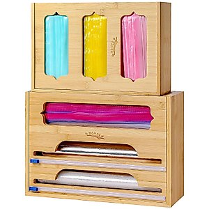 Homde Ziplock Bag Organizer Bamboo, Foil and Plastic Wrap Organizer with Cutter for Kitchen Drawer, Plastic Bag Storage for Gallon,Quart,Sandwich,Snack