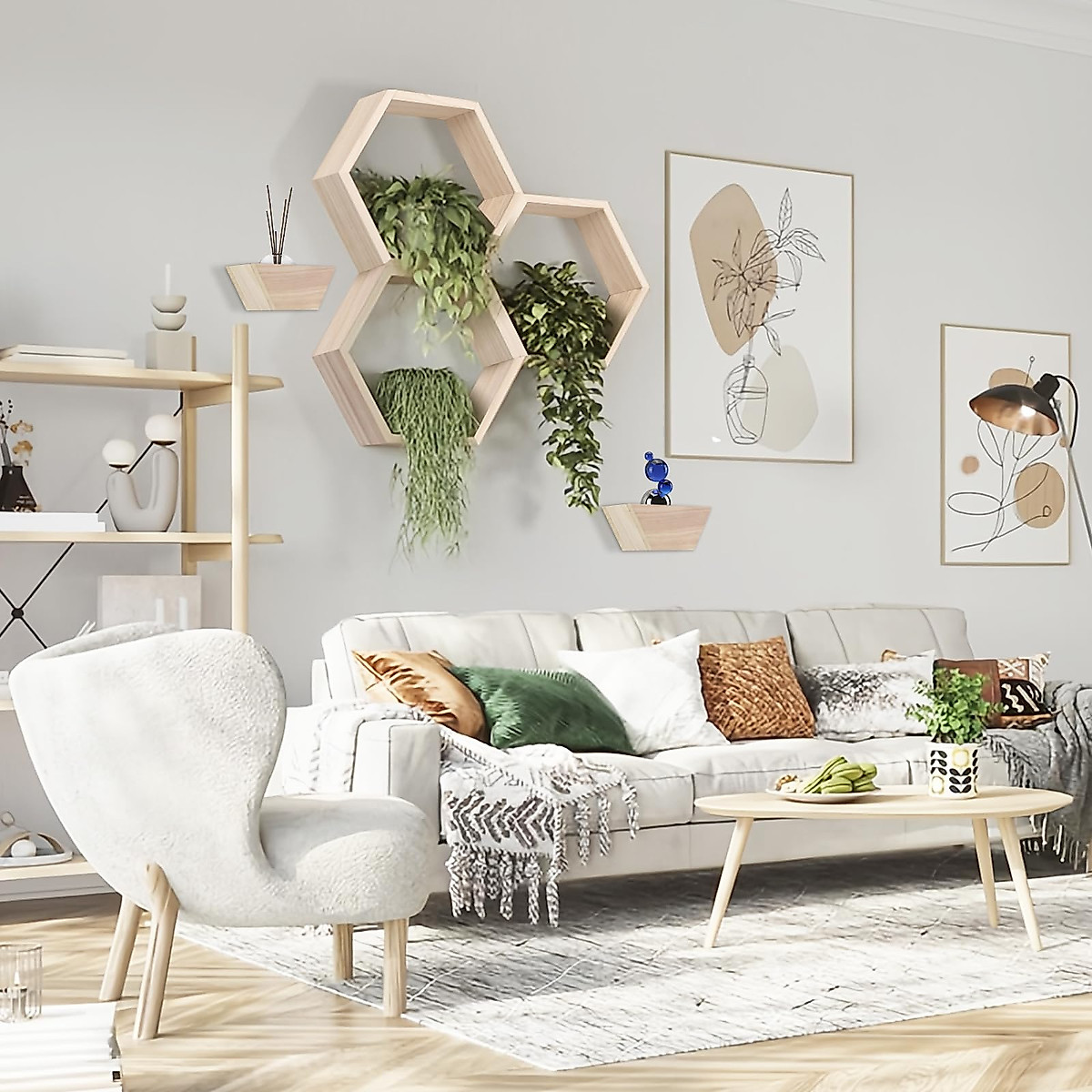 Aurovive Wooden Hexagon Floating Shelves Set of 5 Wall Mounted Honeycomb Shelf octogone shelve Geometric Shaped Organizer for Living Room Bathroom Bedroom Guest Room Decor Accessories nartural