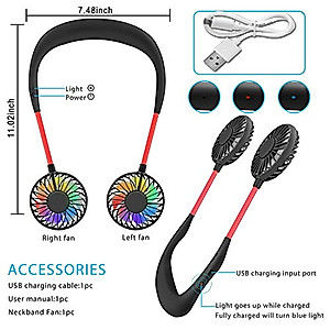 ANYPOWK Portable Neck Fan, USB Rechargeable Fan with 3 Speeds Adjustable, Neck Fans Portable Rechargable Prime with LED Lights - Black