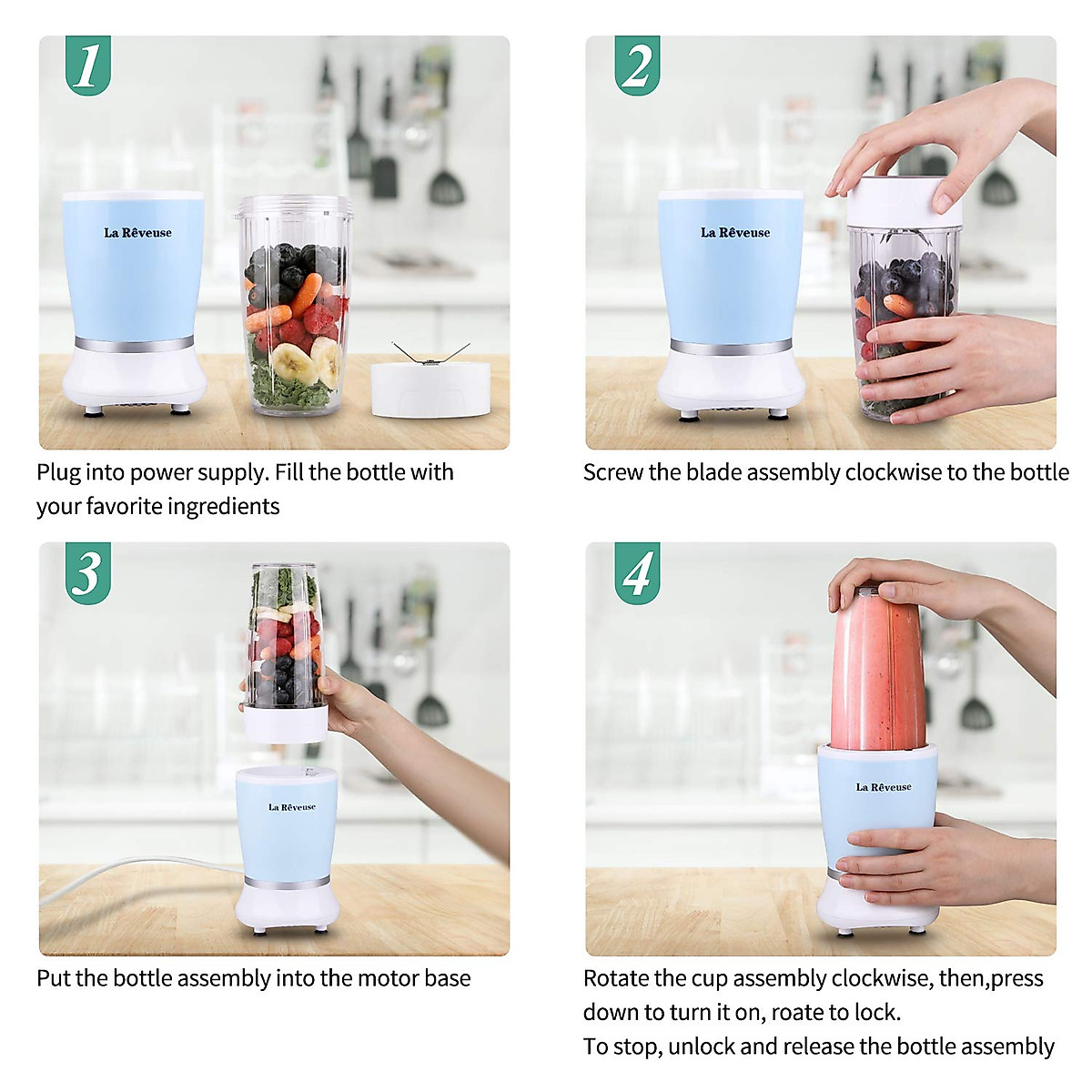 La Reveuse Personal Size Blender 250 Watts Power for Shakes Smoothies Seasonings Sauces with 1 Piece 15 oz Cup,1 Piece 10 oz Mug,BPA Free (Sky Blue)