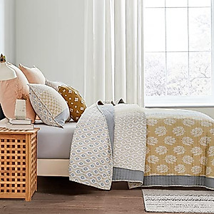 Finlonte Quilts Queen Size, 100% Cotton Lightweight Queen Quilt Set, Real-Patchwork Farmhouse Floral Quilted Bedspread, Yellow Grey White Reversible Soft Queen Quilt Bedding Set All Season, 3 Pieces