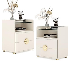 2-Drawer Nightstands Set of 2, Modern Night Stand with Open Tempered Glasses Storage Space, Wooden Bed Side Table for Bedroom, Side End Table for Living Room, Easy Assembly