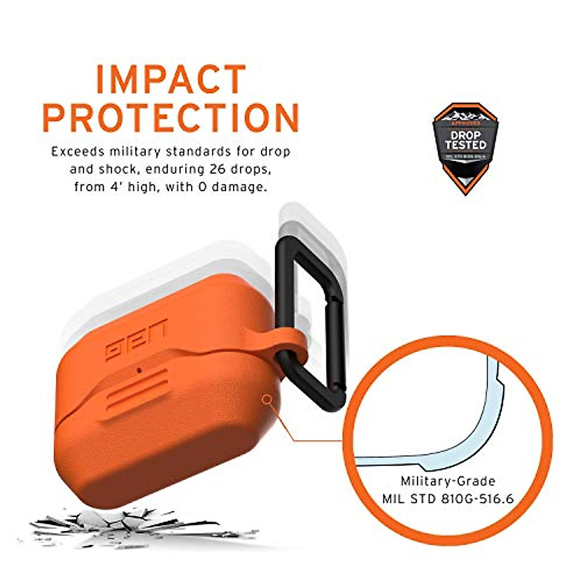URBAN ARMOR GEAR UAG Compatible with AirPod Pro Case Full-Body Protective Soft-Touch Silicone Case with Detachable Carabiner, Standard Issue Silicone_001, Orange