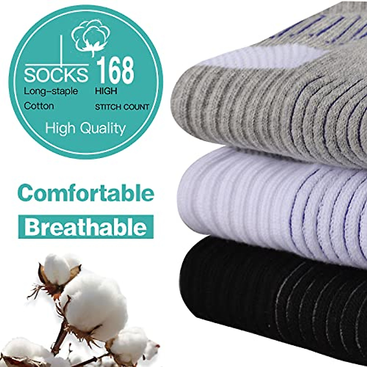 COOPLUS Mens Cotton Athletic Ankle Socks Performance Cushioned Breathable Low Cut Tab Sock with Arch Support (6 Pairs) (Grey-Blue-6pairs)