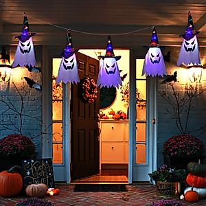 Halloween Decorations Outdoor,Hanging Glowing Ghost Witch Hat with String Lights,Scary Halloween Tree Decorations Ornaments for Indoor Outside Home Window Porch Garden Yard Party Decor