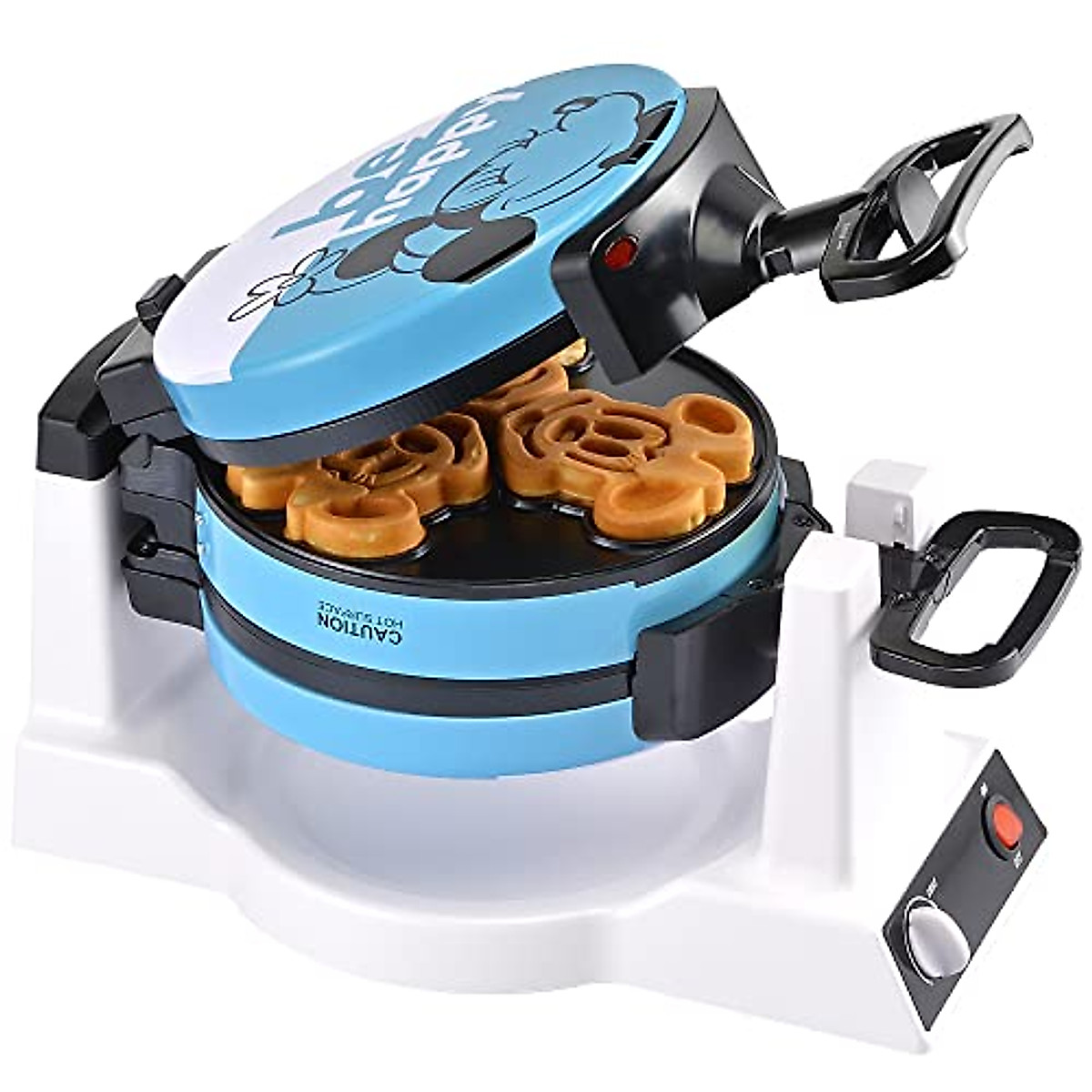 Mickey Mouse and Minnie Mouse Double Flip Waffle Maker for 6 Waffles - 3 Mickey and 3 Minnie - White and Blue MIC-64
