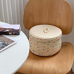 HERCHR Cotton Rope Basket, Small Rainbow Basket Mini Woven Basket Small Round Basket Woven Storage Basket with Lid for Organizing