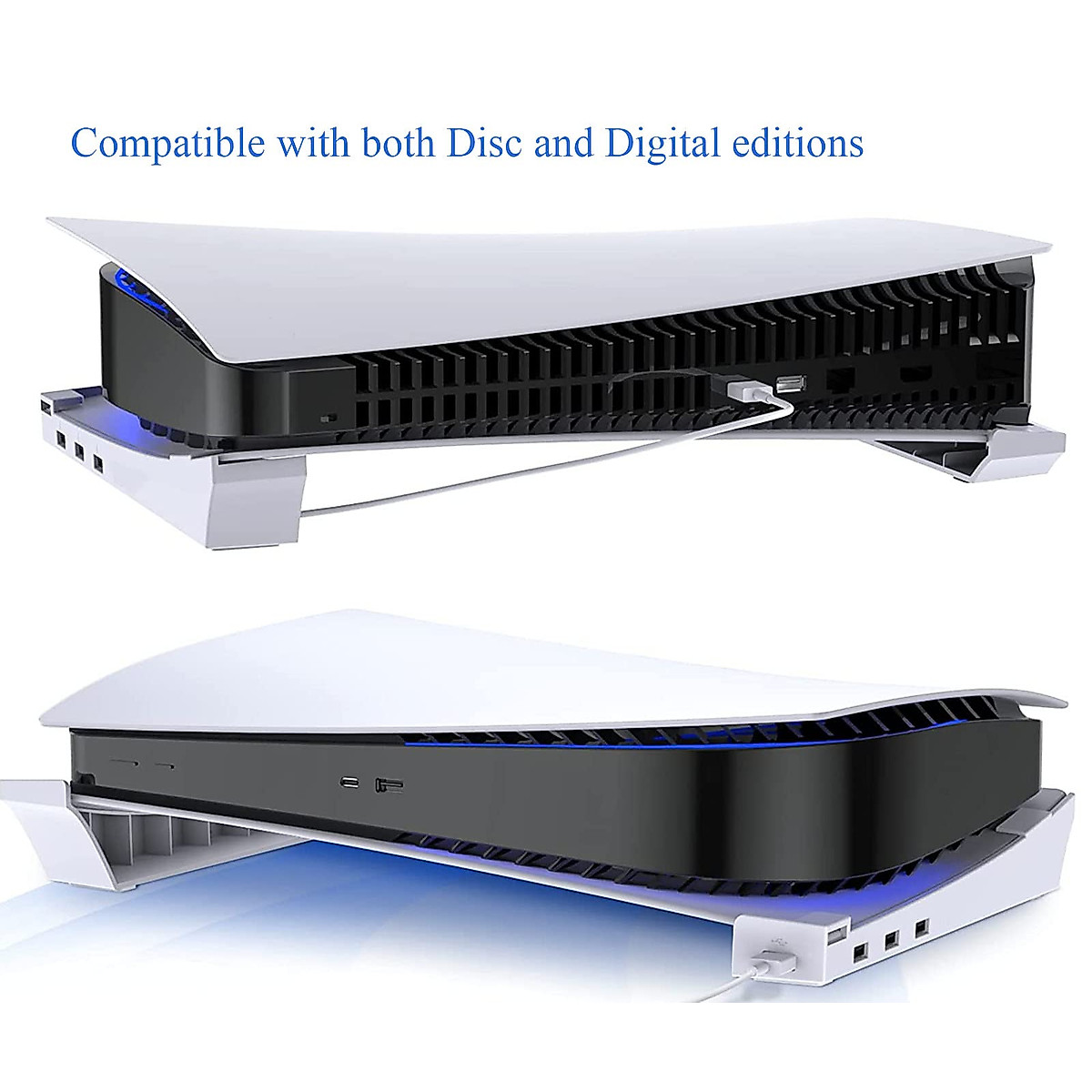 Beeka PS5 Horizontal Stand with Cooling Fan, Playstation 5 Accessories, Built in LED Light, Auto On Off, Extra USB Port, Compatible with White