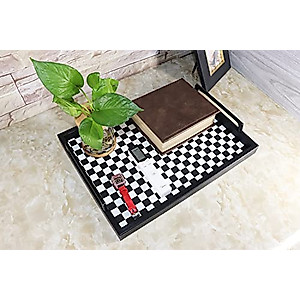 MCBZ Living Room Bedroom Decorative Tray, Coffee Table Kitchen Serving Tray, PU Leather Tray with Metal Handle 16.5 x 12.6 inches (Black and White Grid)