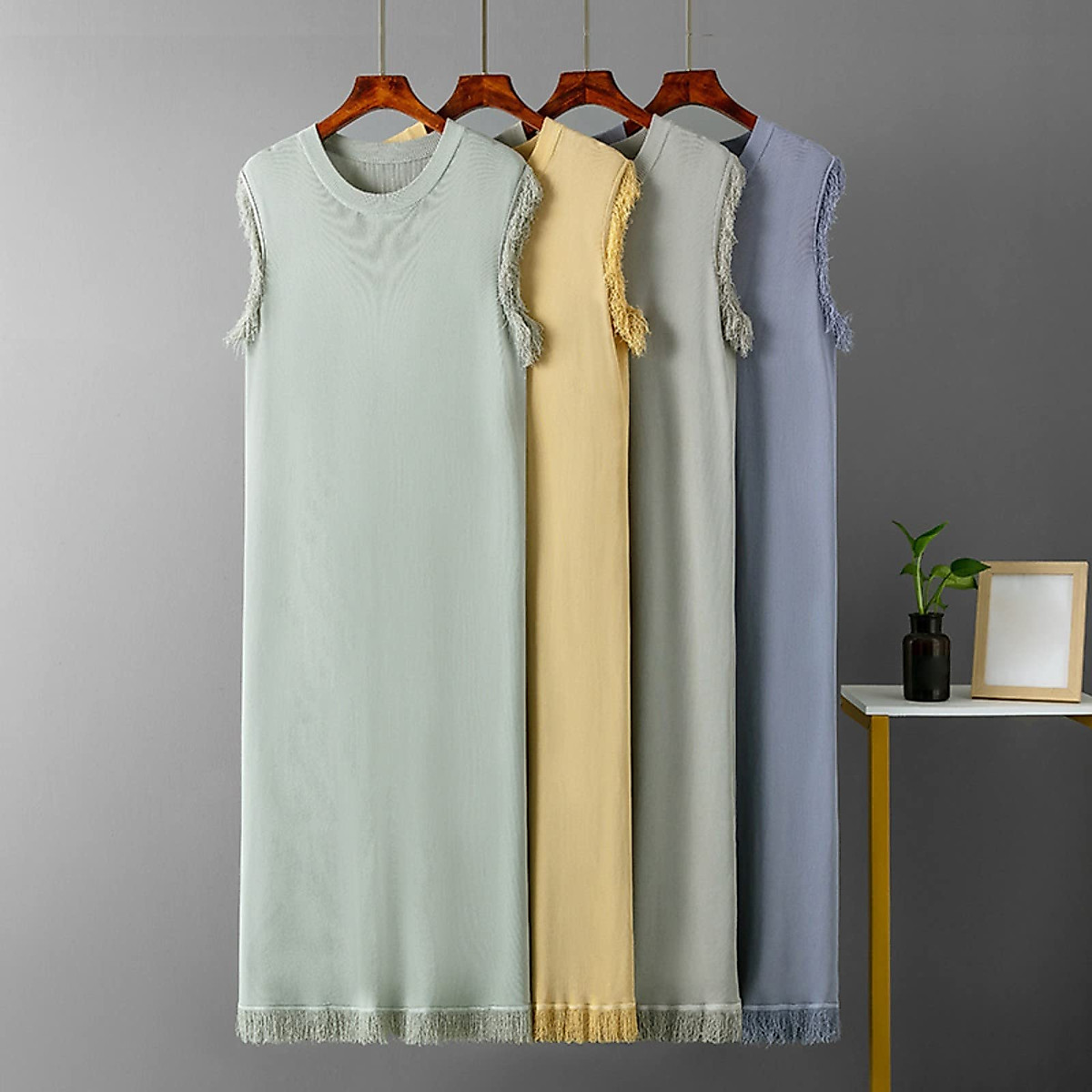 Casual Spring Dresses for Women 2023 Women's Casual Summer Sexy Knitted Tassels Dress Crew Neck Sleeveless Slim Party Blue