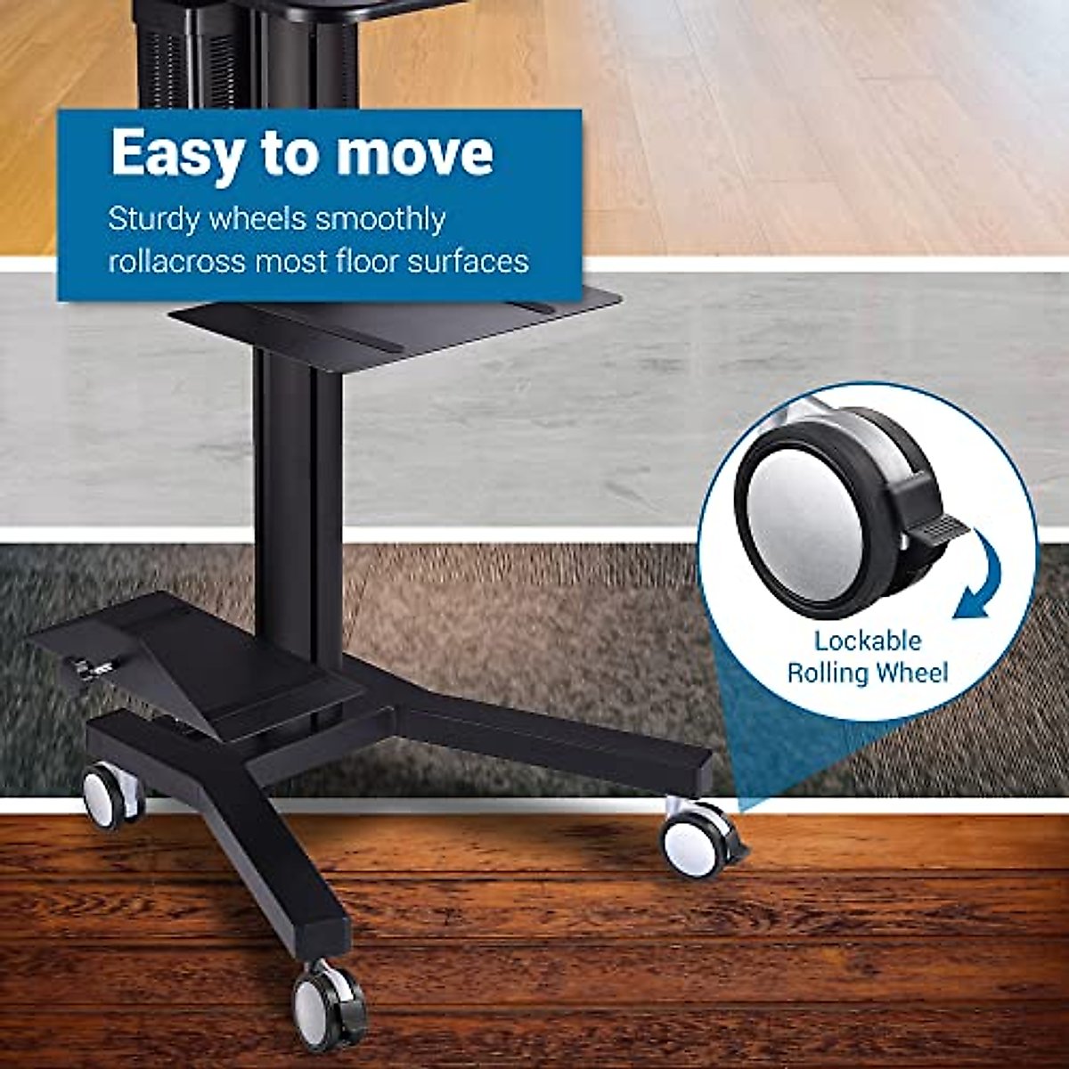 AW Rolling Computer Cart Adjustable Mobile PC Standing Workstation with Monitor Mount Keyboard Tray Printer CPU Holder Wheels for Shop Home Office Black