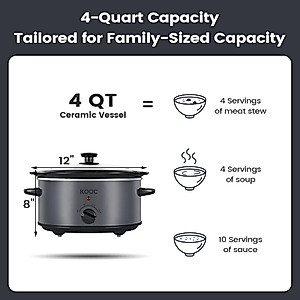 KOOC 4 Quart Slow Cooker, Free Liners Included for Easy Clean-up, 3 Temperature Settings, Dishwasher Safe Crock, Stainless Steel, GREY, Ellipse