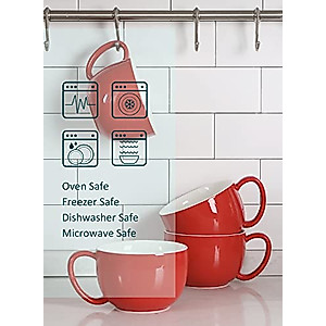 Cappuccino Cups, Red Porcelain Jumbo Coffee Mug Set of 4 Christmas Gift - 16 Ounce Cups with Handle for Hot or Cold Drinks like Cocoa, Milk, Tea or Water - Smooth Ceramic