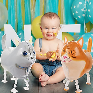 CCOZN 9 Pcs Walking Cat Balloons, Cat Mylar Balloon with 3 Ribbons Walking Animal Balloons Foil Long Balloons for Cat Theme Birthday Party Decorations Walking Cat Balloons Birthday Party Supplies