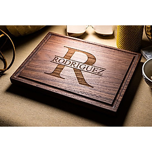Walnut Artisan Personalized Cutting Boards, Custom Anniversary or Housewarming Gift Idea, Wood Engraved Charcuterie Board for Couples and Newlyweds, Initial Design 050