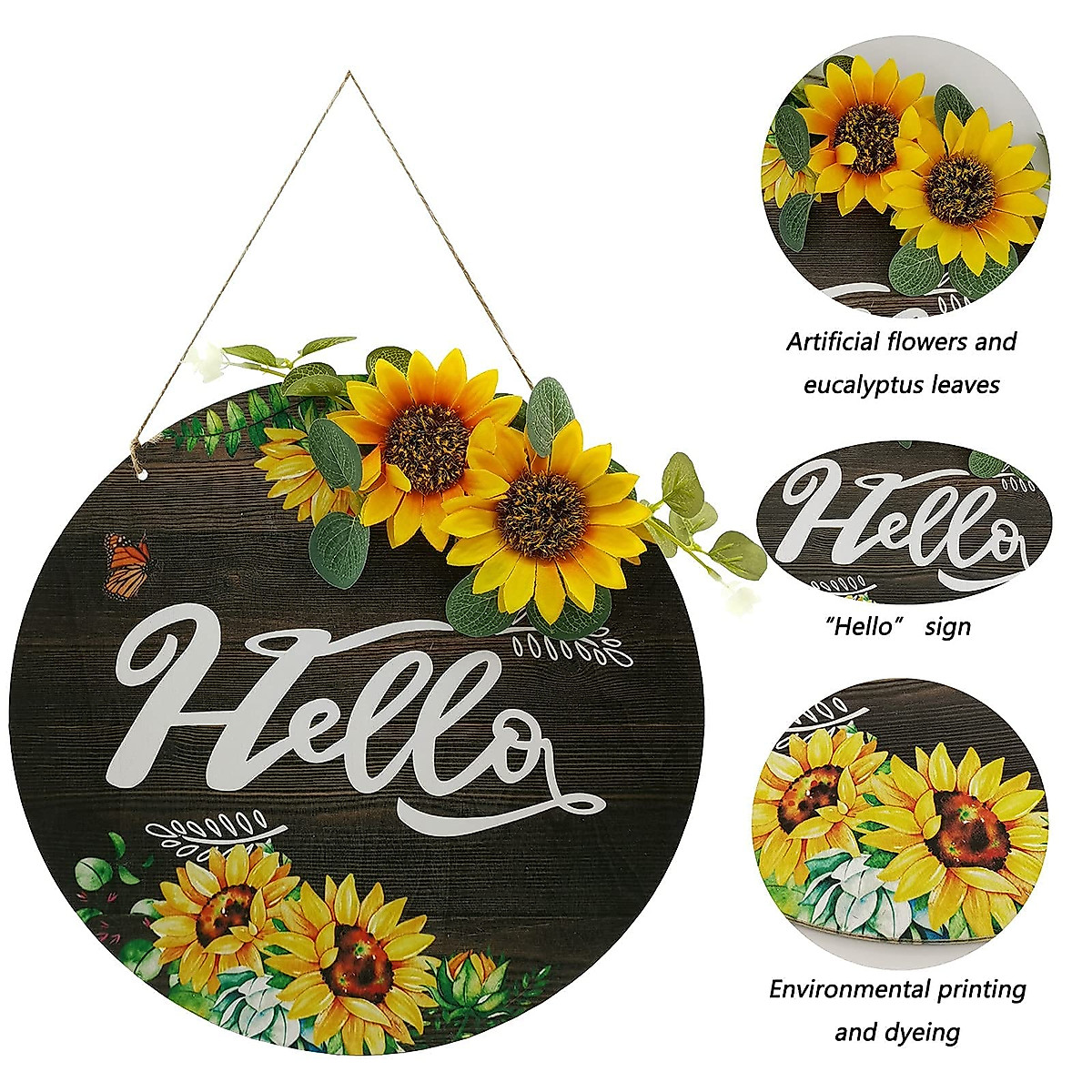 Autonomier Hello Welcome Wood Wall Hanging Sign, Colourful Sunflower Wooden Front Door Decor, Round Antique Wood Rustic Porch Decoration for Home Office Garden Farmhouse, 12 x 12 Inch（Brown）