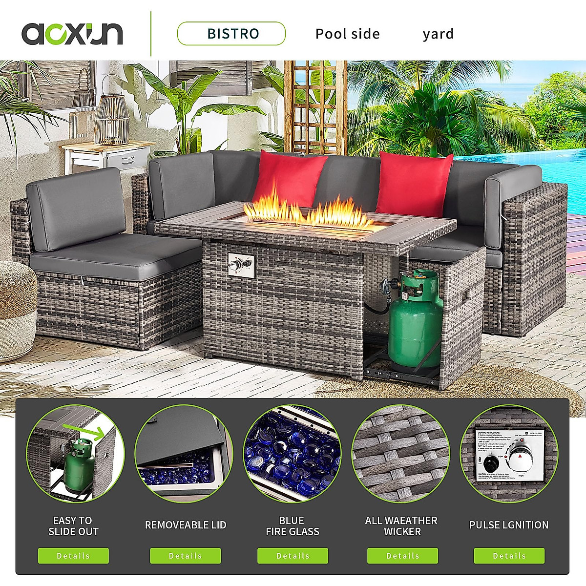 Aoxun 8PCS Patio Furniture Set with 40" Fire Pit Table Outdoor Sectional Sofa Set Wicker Furniture Set with Coffee Table (Grey Wicker)