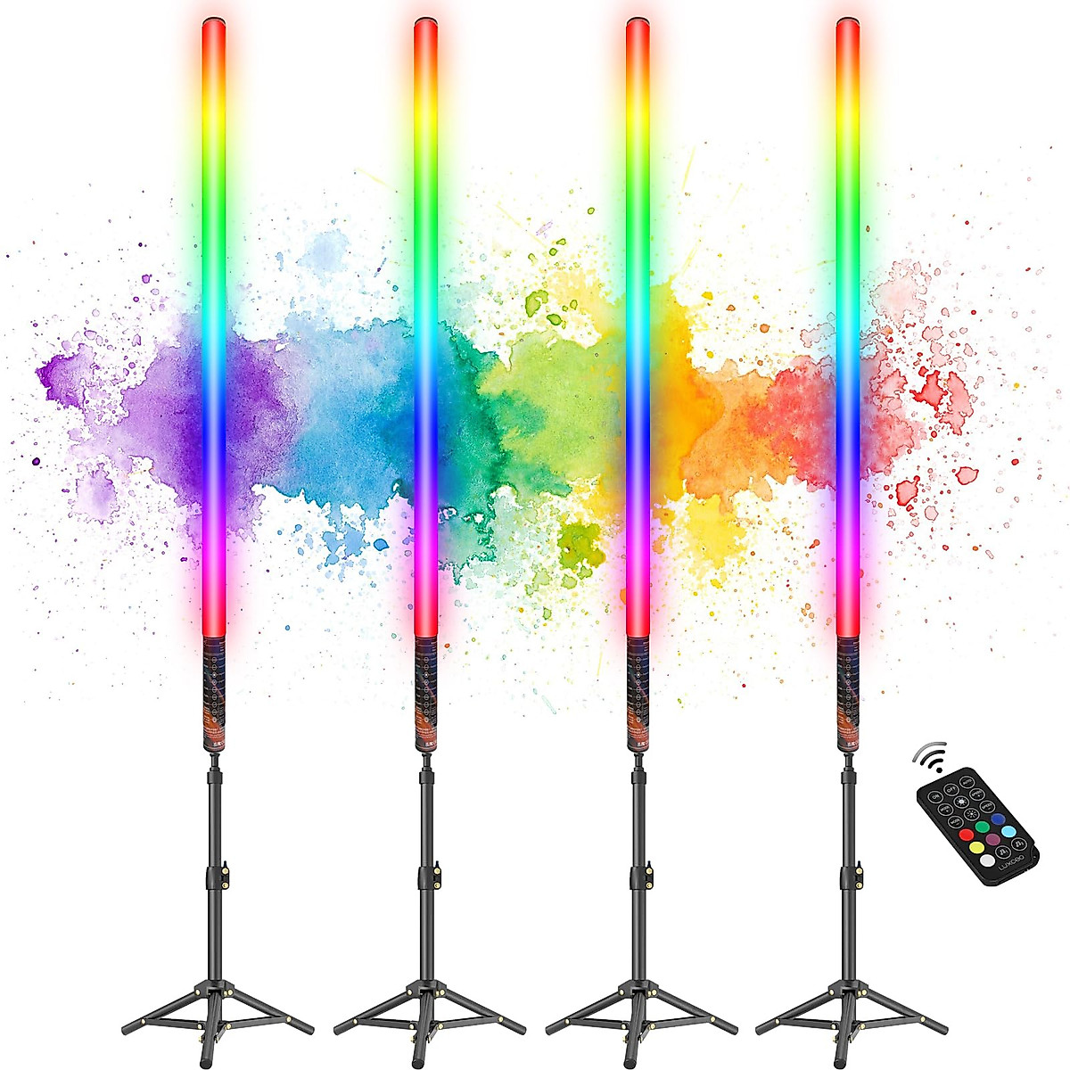Lookmein 4Pack RGB Tube Light Bar with Light Stand, Battery Powered LED Video Light Wand Stick for DJ Lighting, Dance Club and Photography Lighting (2.8Ft)