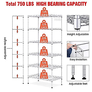 ALPHINO 6-Shelf Shelving Storage Unit ,Heavy Duty Metal Organizer Wire Rack with Leveling Feet , Stainless Side Hooks for Bathroom Kitchen Garage 750Lbs Capacity (Silver)