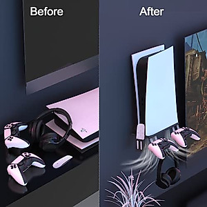 TOPAD PS5 Wall Mount Kit with Charging, 6-in-1 Playstation 5 (Disc & Digital) Metal Wall Stand with Data Charging Cable/Controller Hanging Bracket/Remote Box/Headset Hanger, w/Non-Slip Mat Black