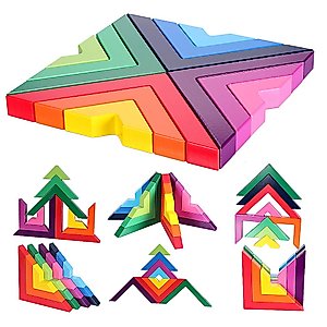 Lewo Wooden Rainbow Stacking Game Stacker Geometry Building Blocks Creative Nesting Educational Toys Kids Toddlers (Rainbow Stacking Game)