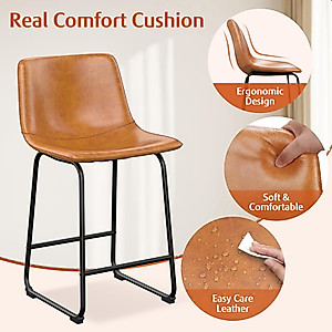 REONEY Bar Stools Set of 4, PU Leather Counter Height Bar Stools, 26" Modern Bar Stools with Metal Legs and Footrest, Urban Armless Dining Chairs with Backrest for Kitchen Island (Brown)
