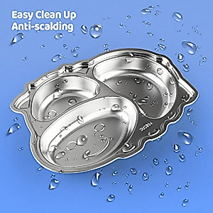 HOLIPOT 304 Stainless Steel Divided Plates, Food-Grade Toddlers Babies Kids Tray, 1300 Ml Toddler Plates with Suction, Self Feeding Training Kids Plates,Fits for Most High chairs Trays(Hippo)