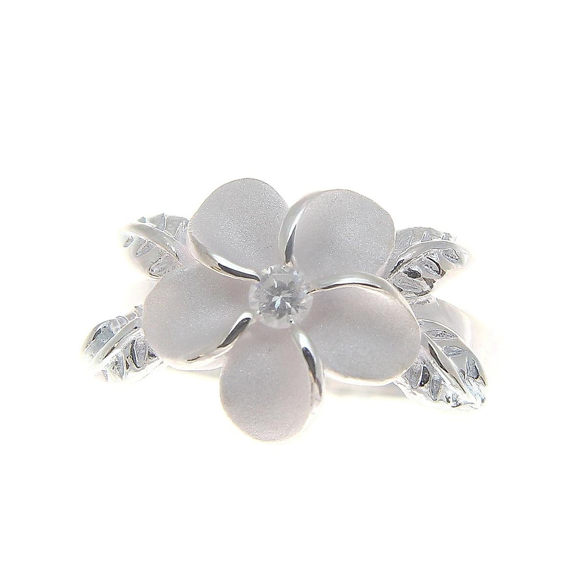 Arthur's Jewelry Sterling silver 925 Hawaiian 12mm plumeria flower maile leaf white cz ring size 7