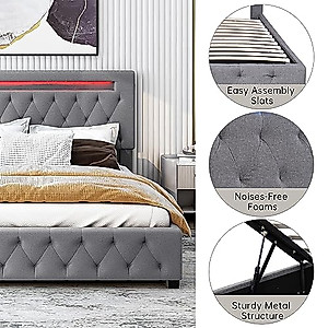 Ucloveria Queen Bed Frame with Bluetooth Audio & Charging Station & LED Lights, Upholstered Platform Bed with Button Tufted Adjustable Headboard, Hydraulic Storage, No Box Spring Needed, Gray