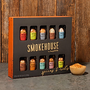 Smokehouse by Thoughtfully, Gourmet Grilling Spice Set in Mini Glass Bottles, Vegan and Vegetarian, Grill Seasoning Flavors Include Caribbean, Jamaican Jerk, Jalapeno, Montreal and More, Pack of 10
