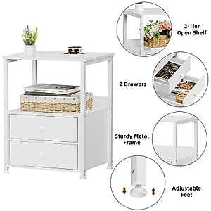 Lerliuo Nightstand, Industrial Bed Side Table with 2 Drawers Storage Open Shelf, Sturdy End Table with Steel Frame, Night Stand for Bedroom, Living Room, Elegant White