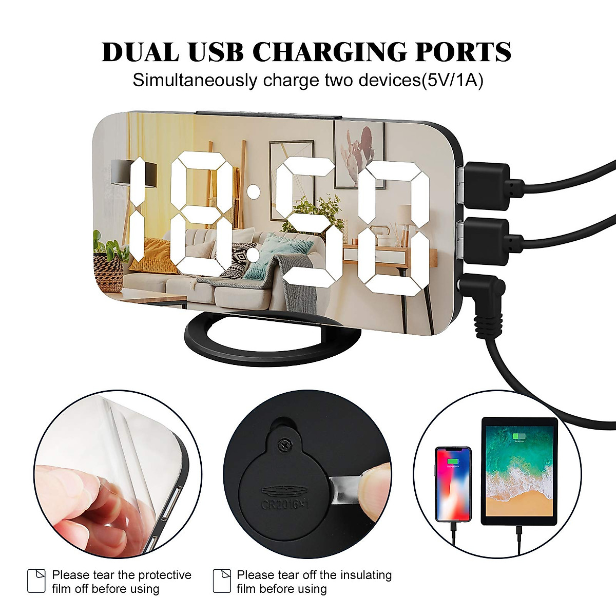 Lamisola Digital Alarm Clock, Large LED Mirror Display,2 USB Charging Ports,Auto Adjustable Brightness,Aesthetic Modern Clocks for Bedroom Living Room Office,Black