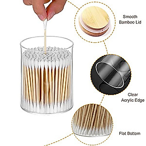 2 PCS Qtip Holder Dispenser with Bamboo Lids ＆ Tray, 10 Oz Cotton Swab Holder Cotton Ball Organizer, Apothecary Jars Bathroom Storage Organizer, Clear Glass Bathroom Storage Jars, Vanity Storage Organizer Canister for Cotton Swab, Ball, Pads, Floss